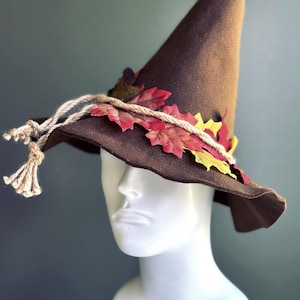 Autumn Warlock Hat With Leaves, Brown Harvest Costume Hat, Pointed ...