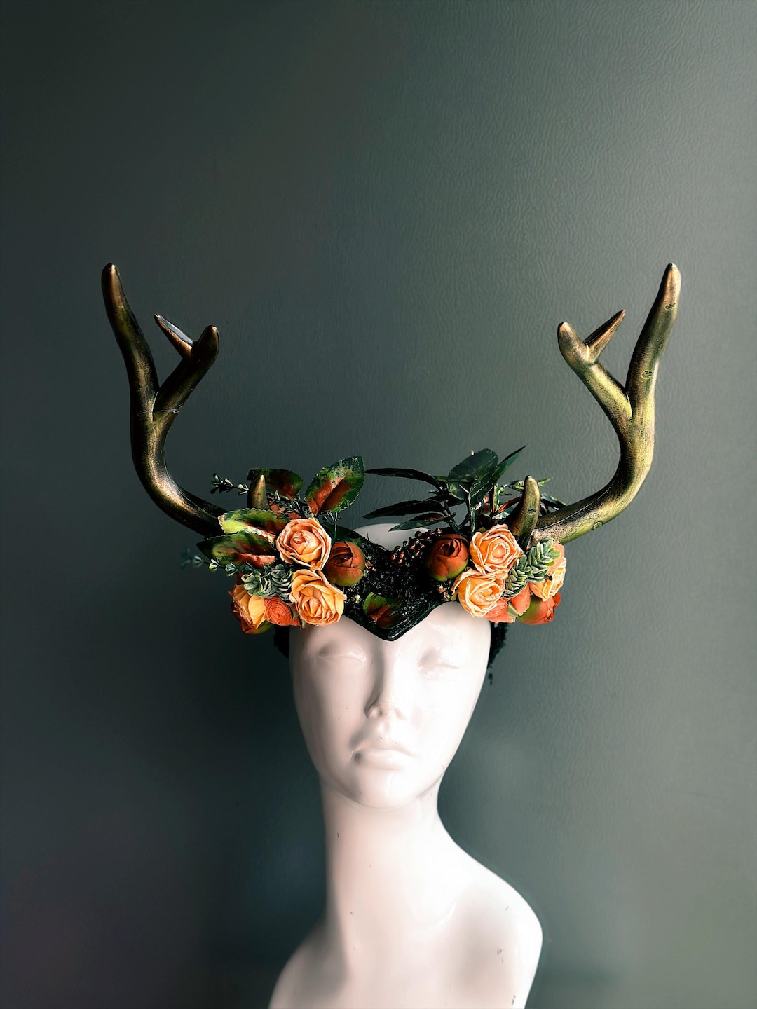 Autumn Headdress Ritual Samhain Deer Antler Headdress Gold Ritual Crown ...