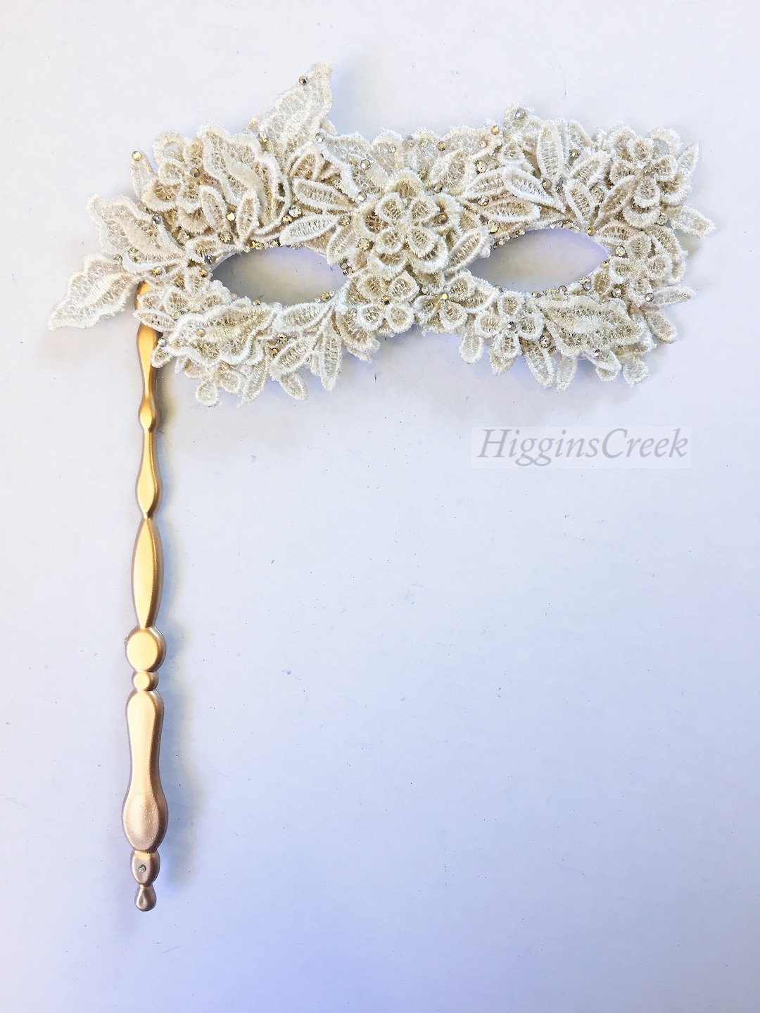 Masquerade Mask Handheld, Wedding, Stick Mask Women, Gold Ivory Lace ...