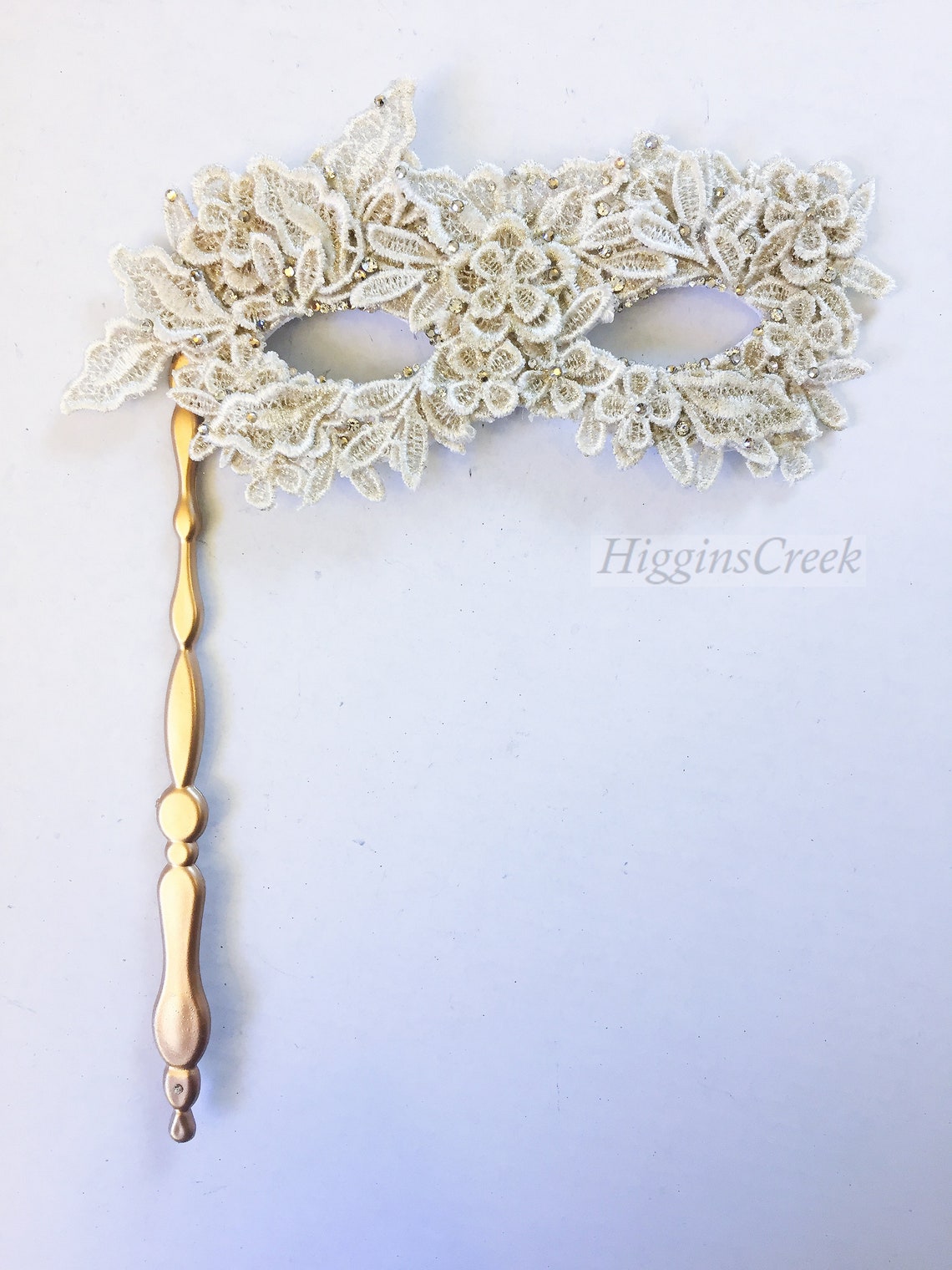 Masquerade Mask Handheld, Wedding, Stick Mask Women, Gold Ivory Lace ...