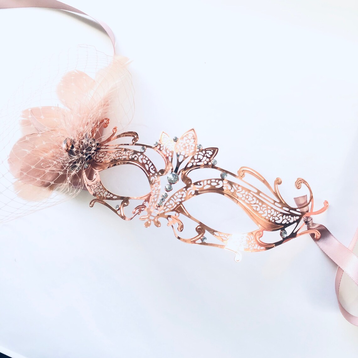 Rose Gold Masquerade Mask Women Metal Mask With Feathers | Etsy