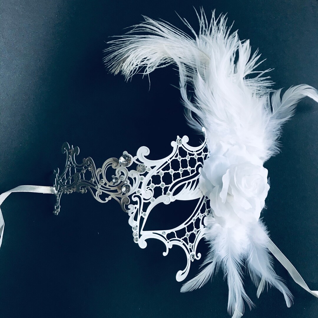 White Masquerade Mask, Feather Women Mask, White Wedding Masquerade ...