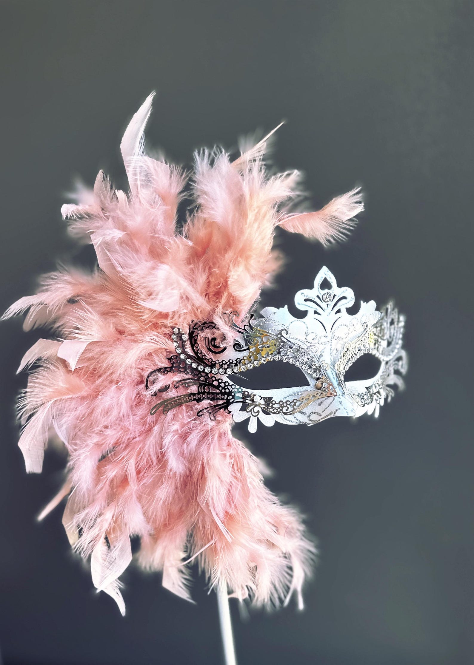 Silver Masquerade Mask With Stick Green Feather Mask Womens Masquerade ...