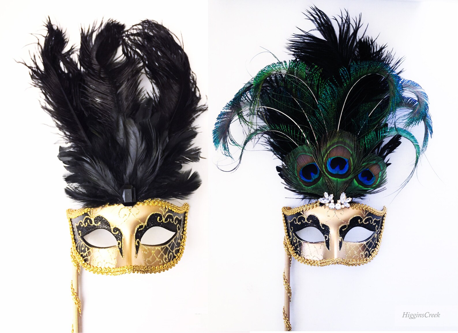 Women Masquerade Mask Gold Feather Mask on Stick Feather - Etsy