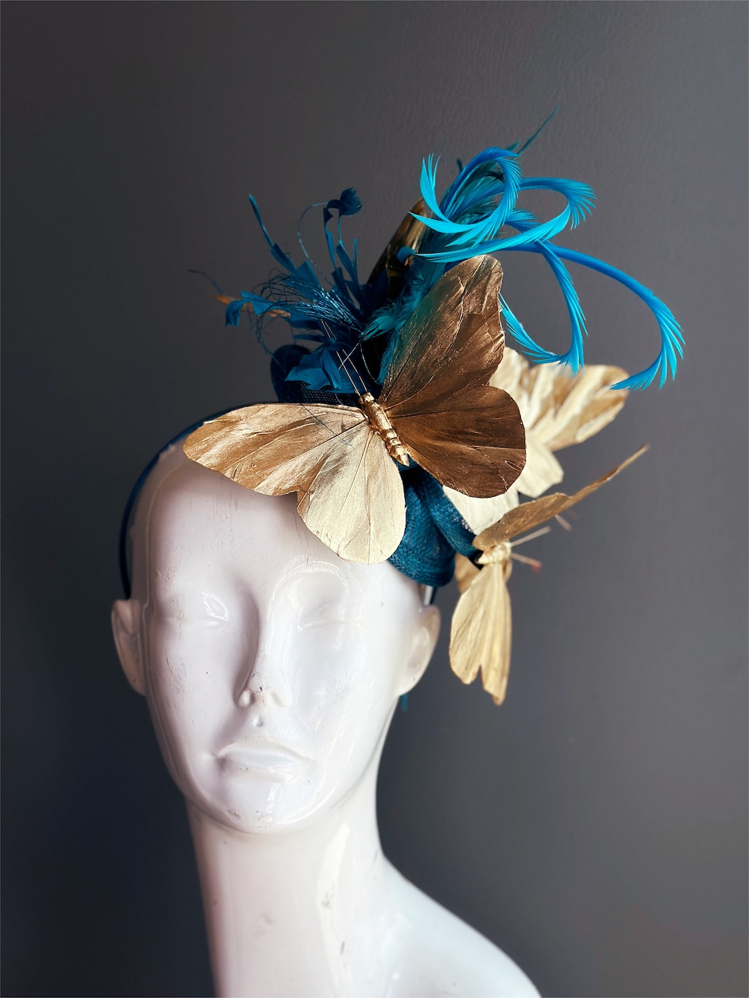 Teal Fascinator With Feathers - Tea Party Hat - Gold Butterfly - Etsy