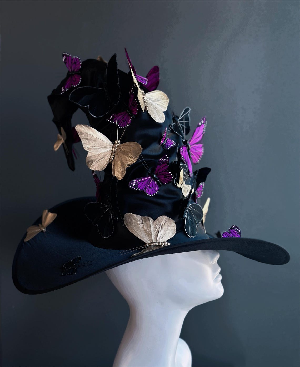 Butterfly Witch Hat – Black Satin Halloween Hat With Purple & Gold ...