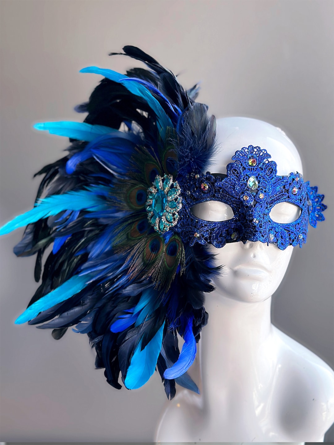Feather Masquerade Mask Royal Blue Women Feather Mask Brocade Lace ...