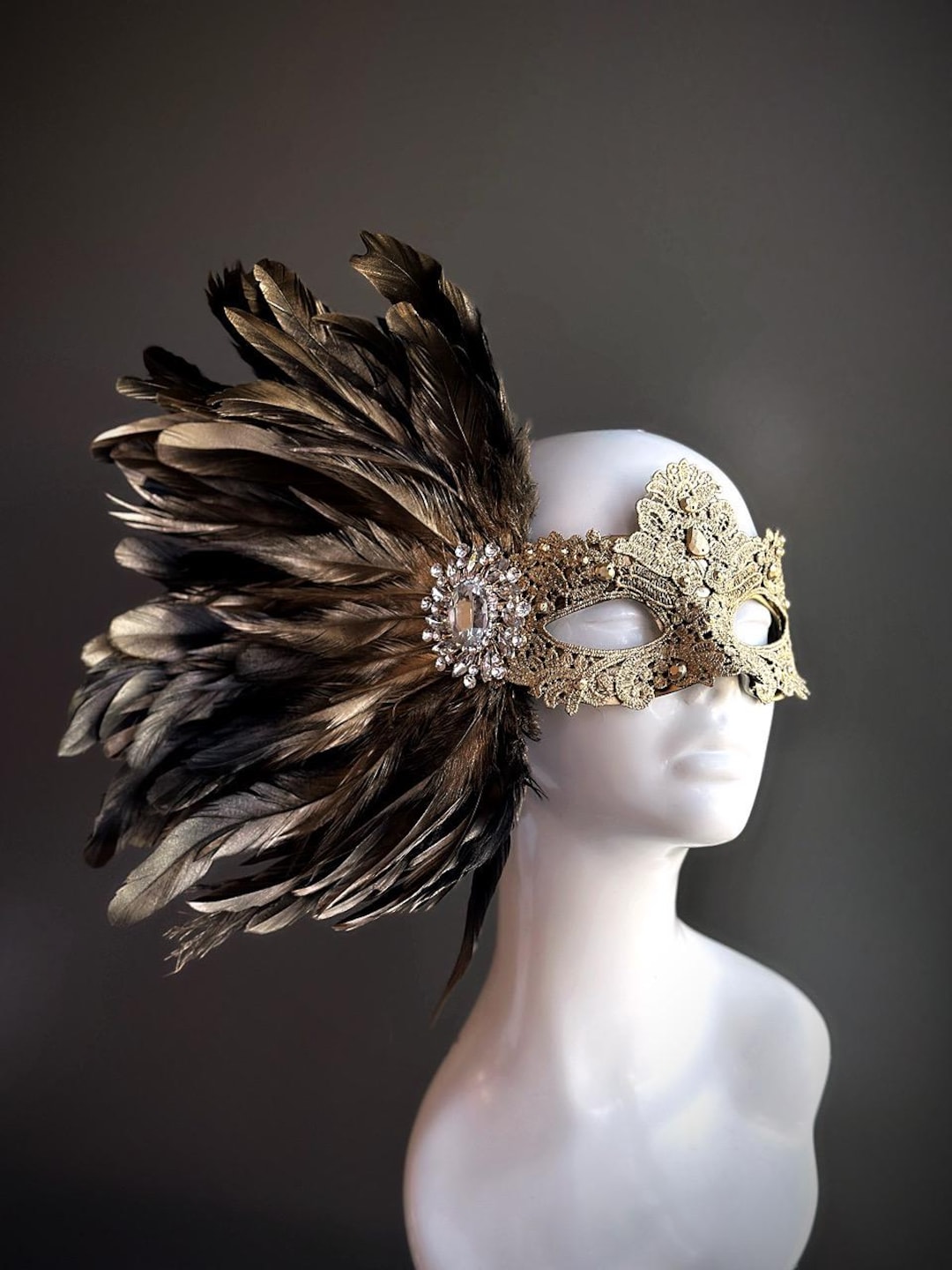 Carnival Masquerade Mask Gold Side Feather Venetian Ball Mask ...