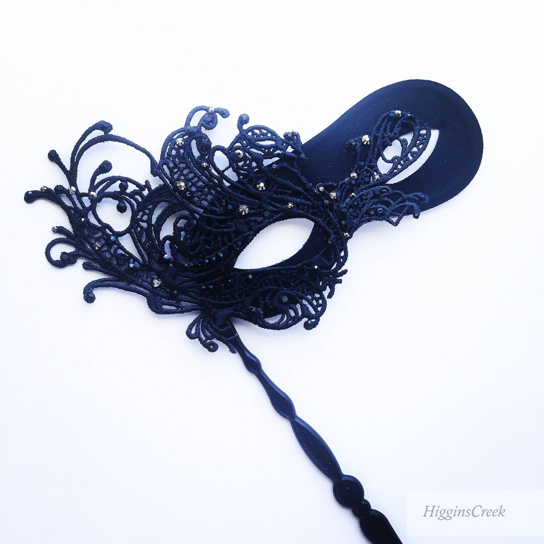Black Stick Masquerade Mask With Handheld Stick and Rhinestones, Luxury ...