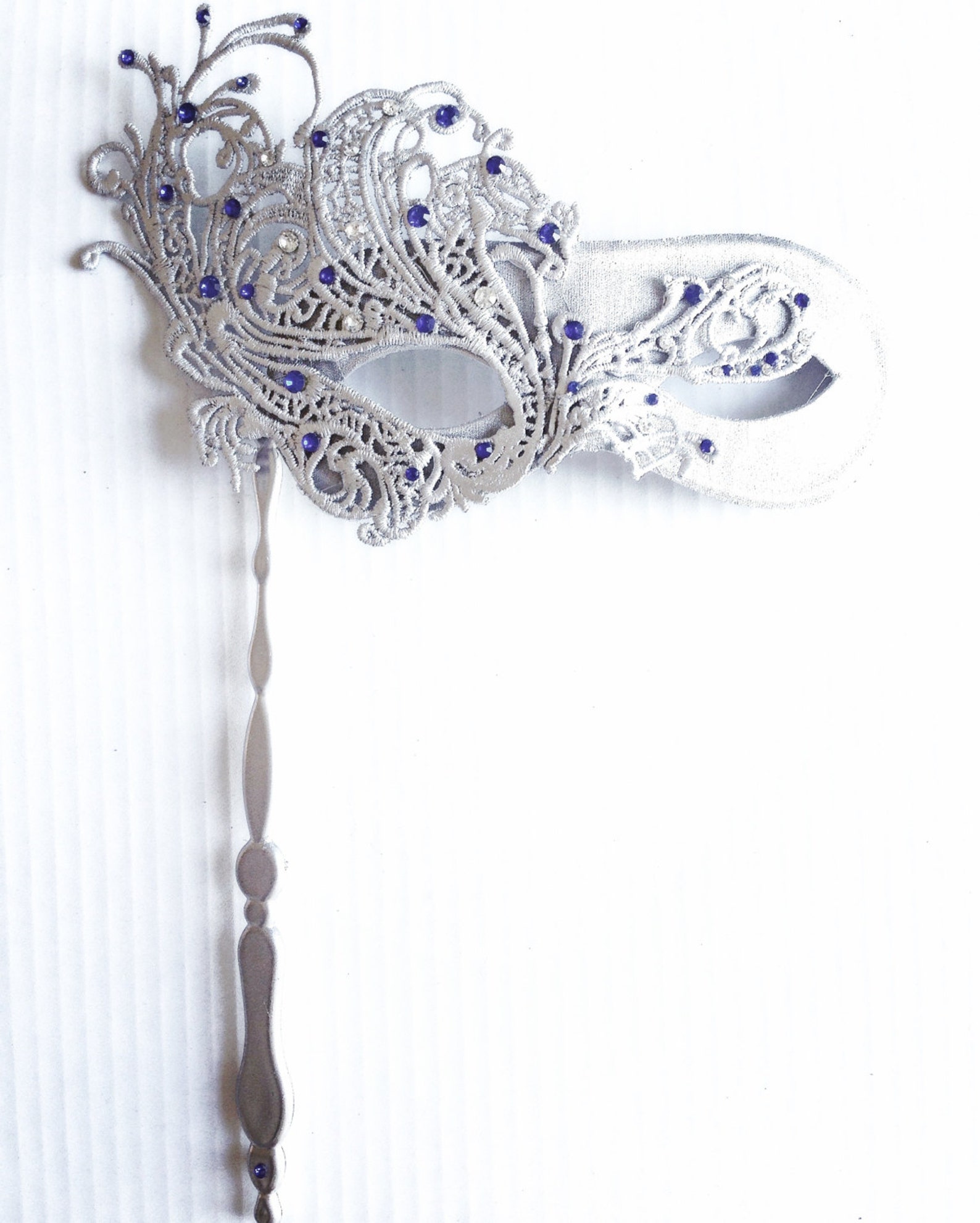 Masquerade Mask, Silver and Sapphire Studded Stick Mask, Stick Mask ...