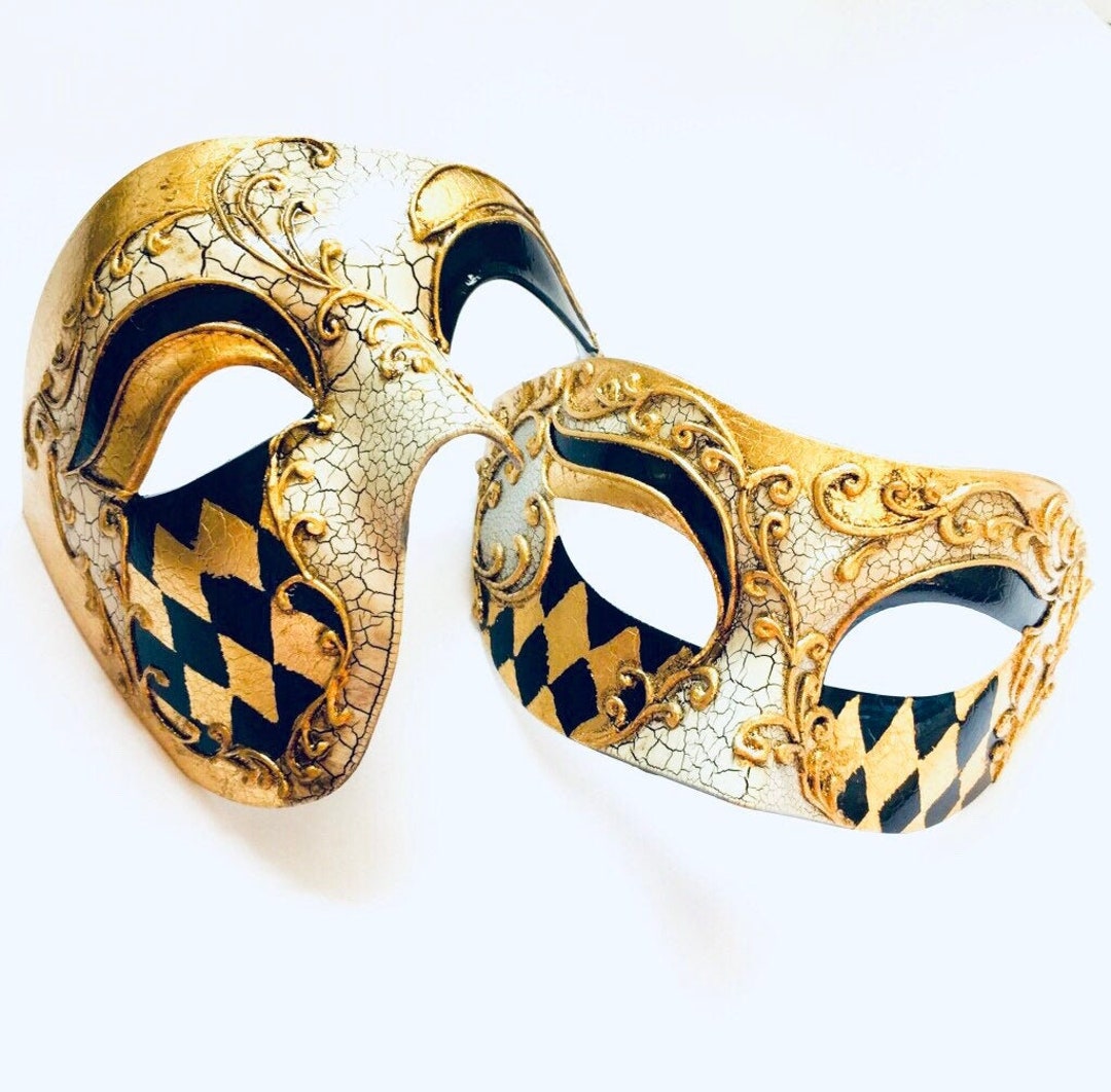 Masquerade Masks Couples Gold Black Checkered Carnival Mask Pair ...