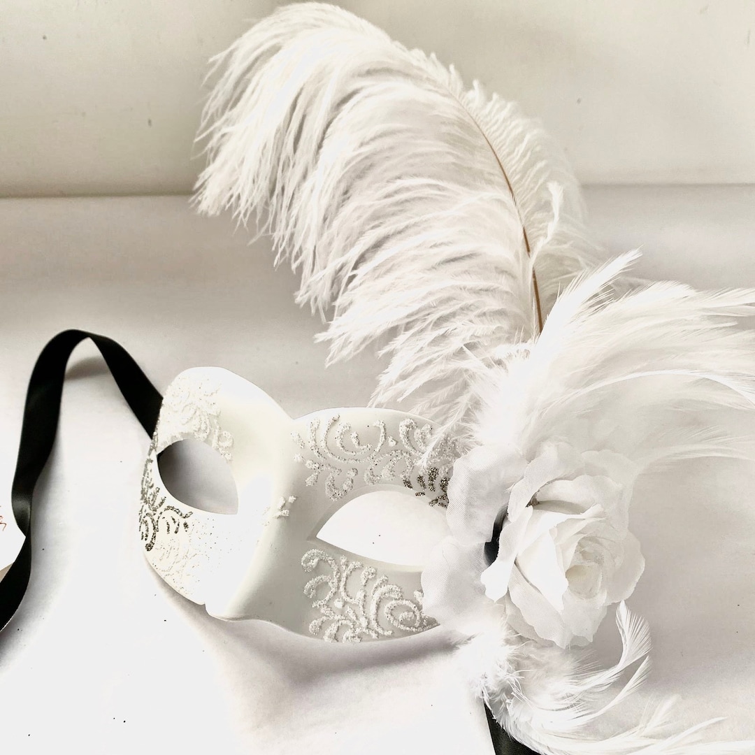 White Masquerade Mask Bride Woman White Feather Masquerade Ball Mask ...