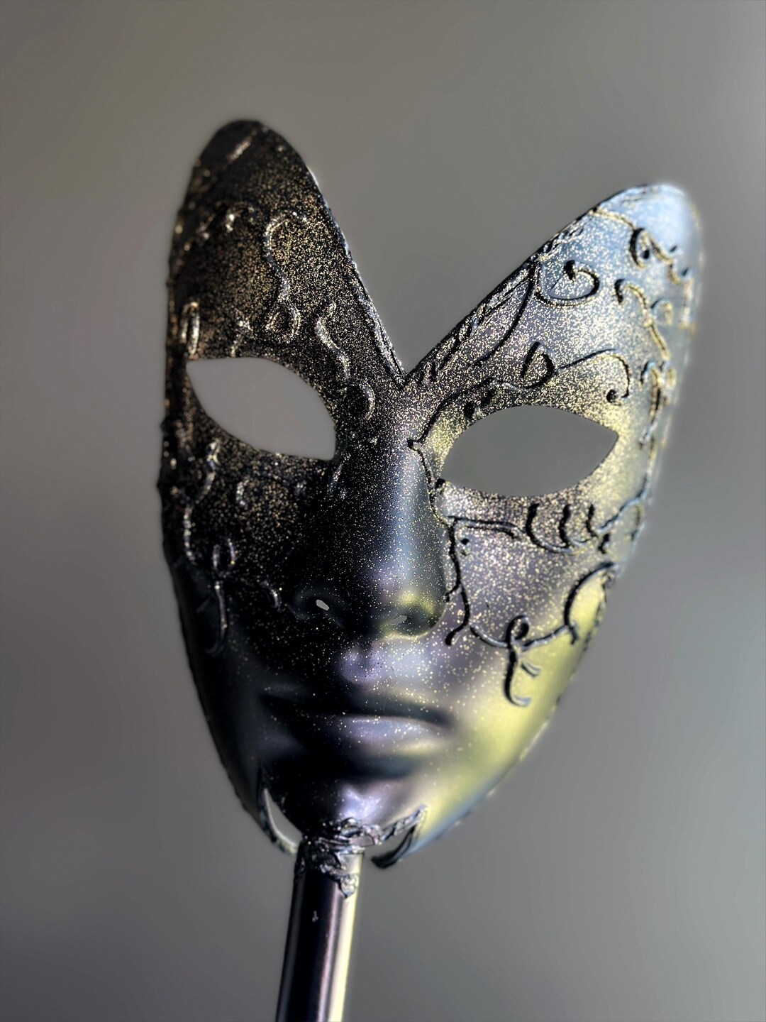 Hand Held Masquerade Mask - Black Gold Glitter With Scroll Detail ...