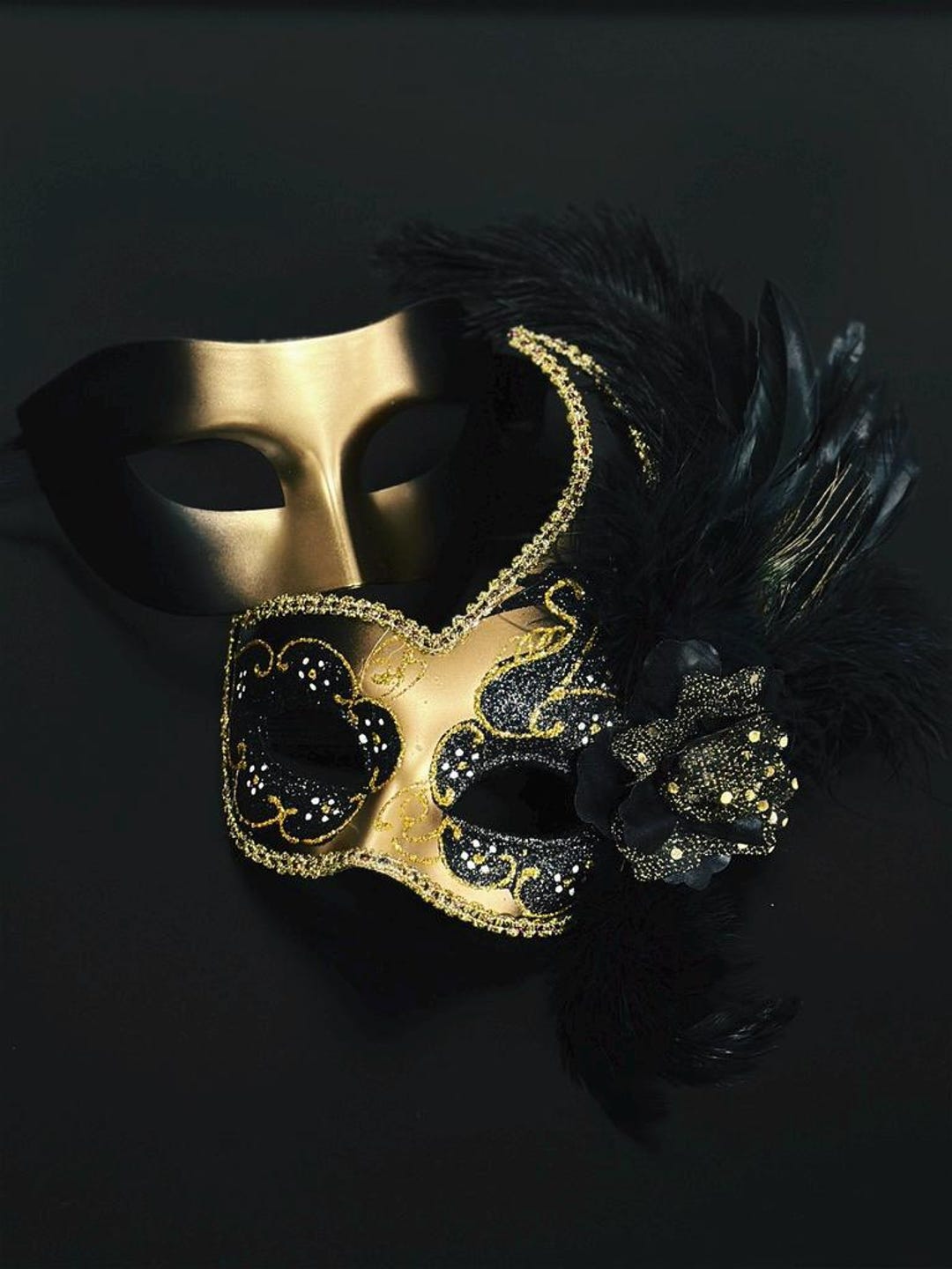 Black Gold Couples Venetian Masks Floral Feather Mask Prom Masks ...