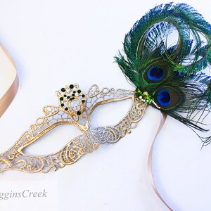 Gold Masquerade Mask With Feathers With Jewels Emerald Green and ...