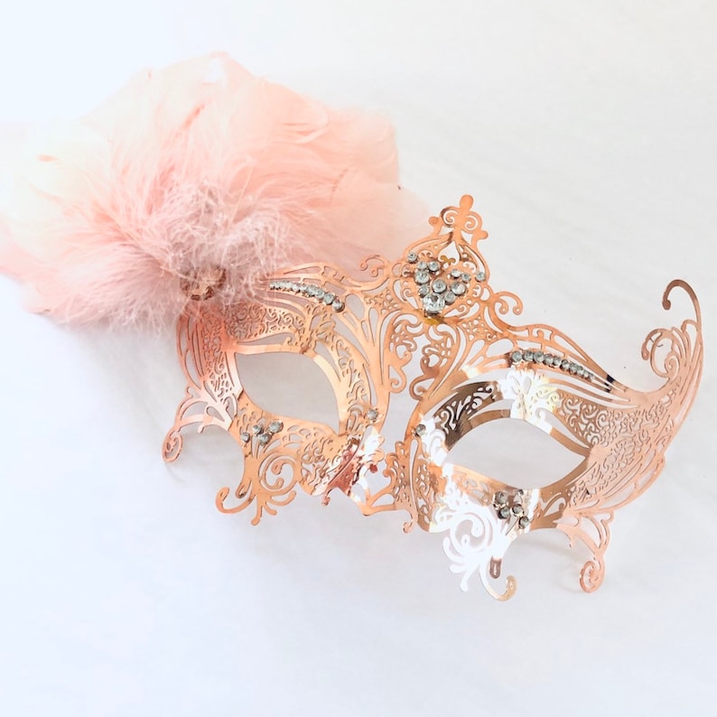 Rose Gold Masquerade Mask Women, Rose Gold Feather Mask, Venetian Rose ...