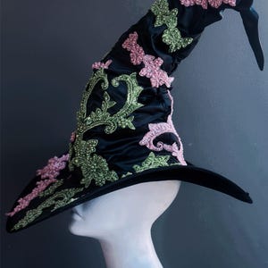Pink Green Embroidered Vines Black Witch Hat With Curled Tip for ...