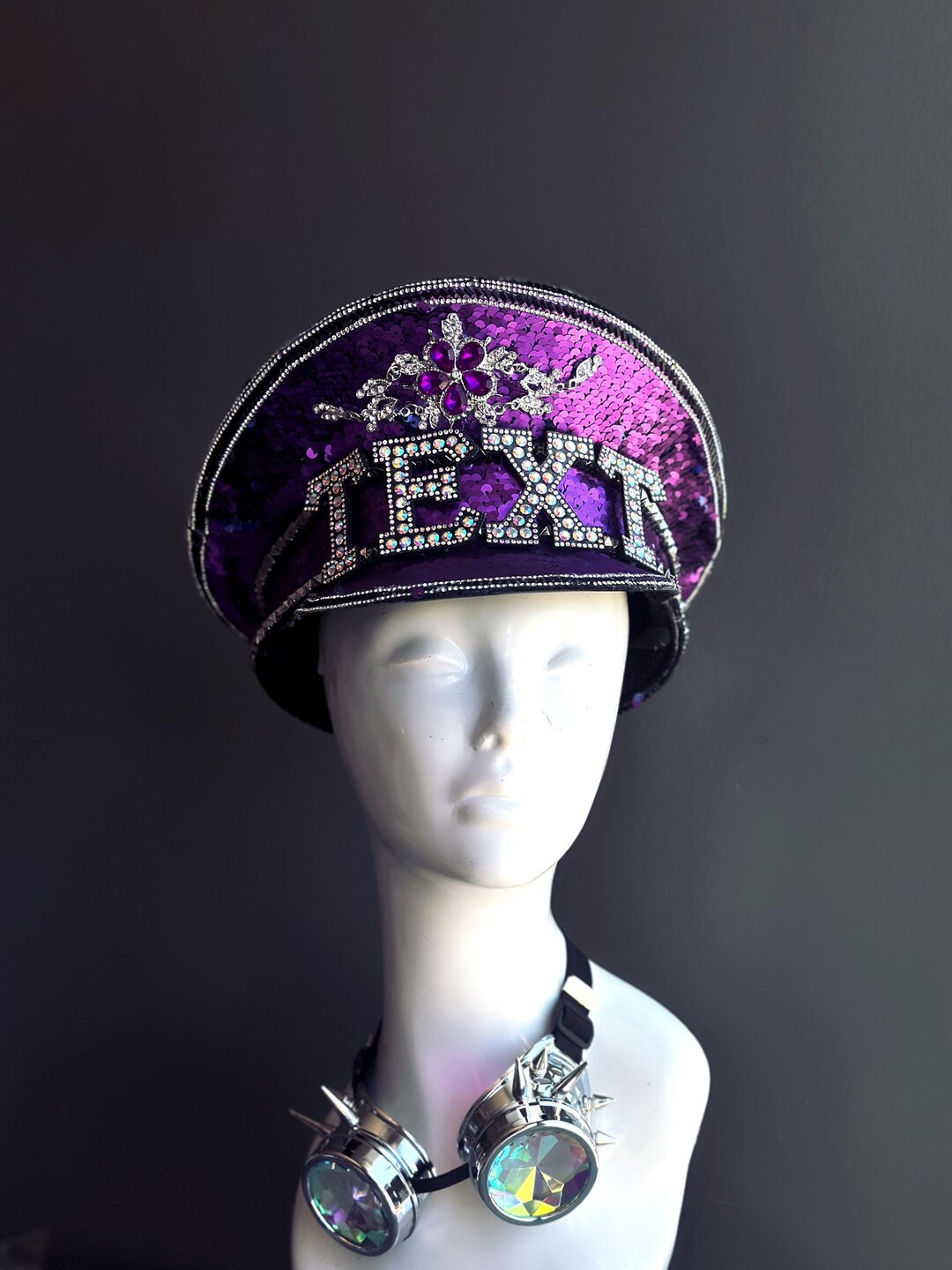 Purple Captain Hat With Sequin Holographic Goggles Rave Hats Concerts ...
