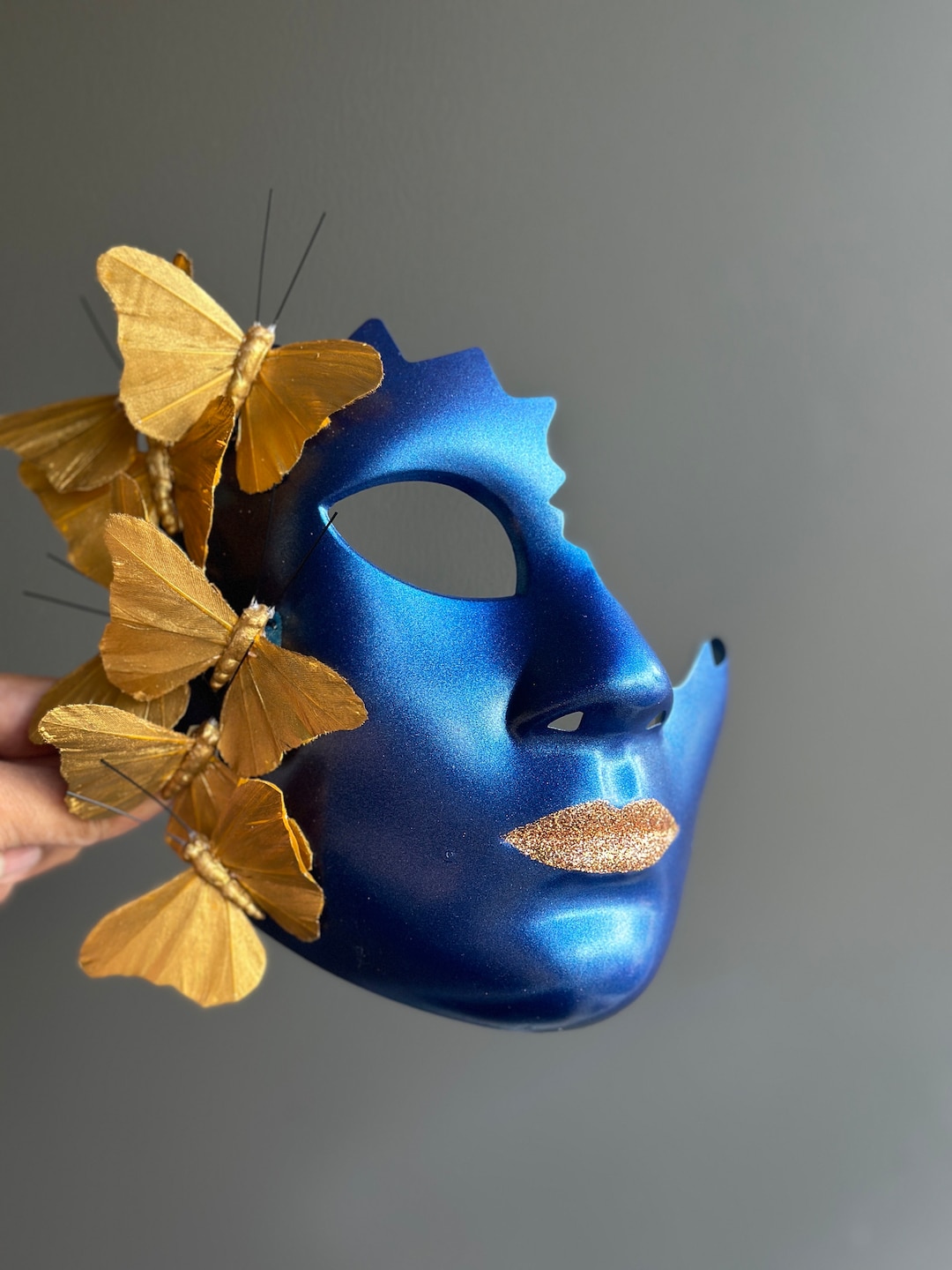 Half Face Whimsical Gold Butterfly Blue Masquerade Mask - Etsy