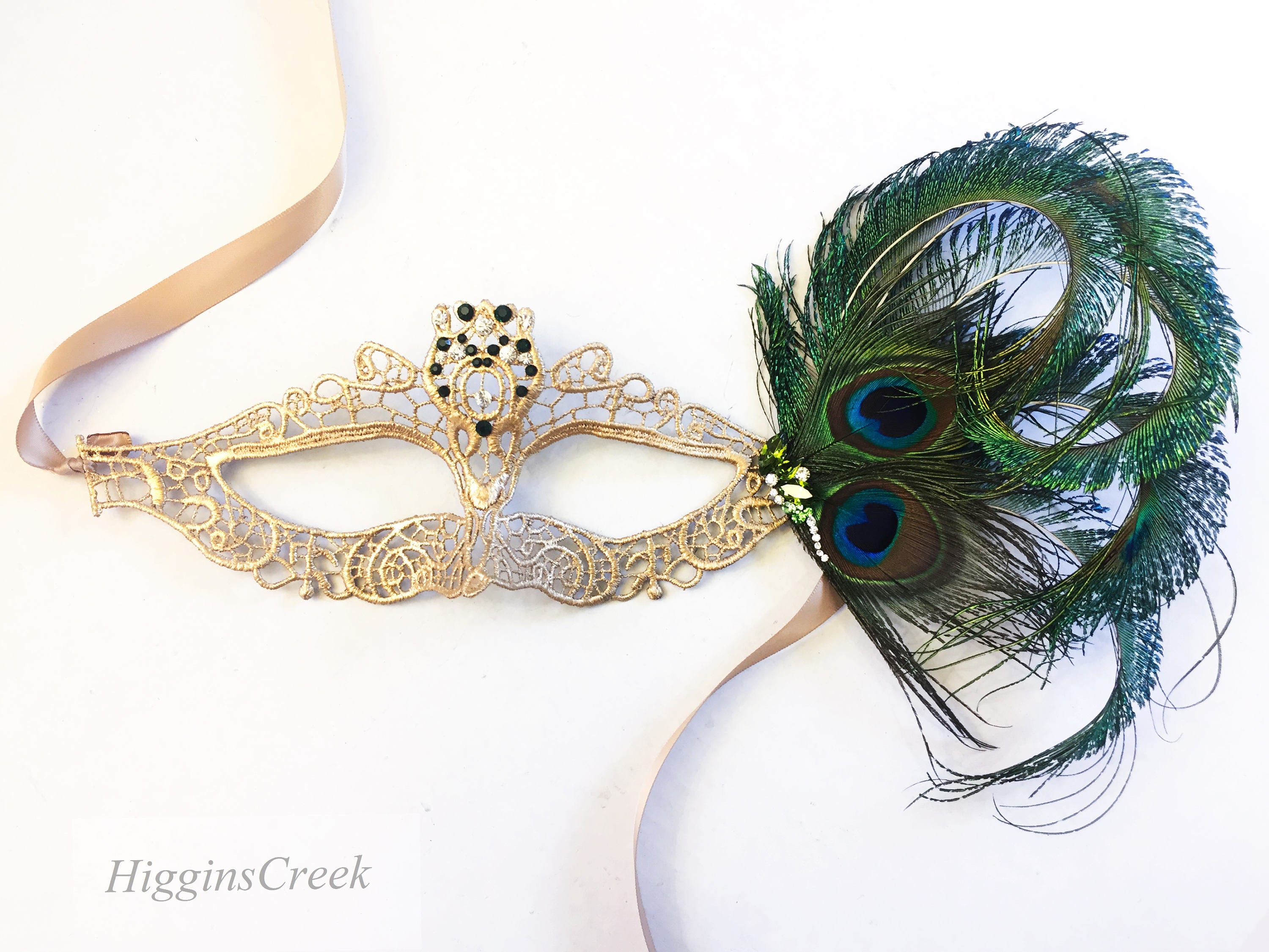 Gold Masquerade mask with feathers with jewels Emerald Green | Etsy