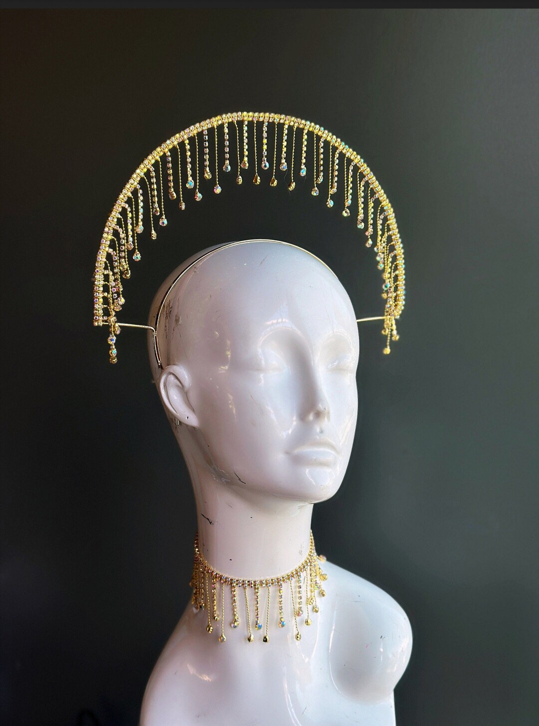 Gold Goddess Crown With Crystal Chains Choker Necklace Celestial Crown ...