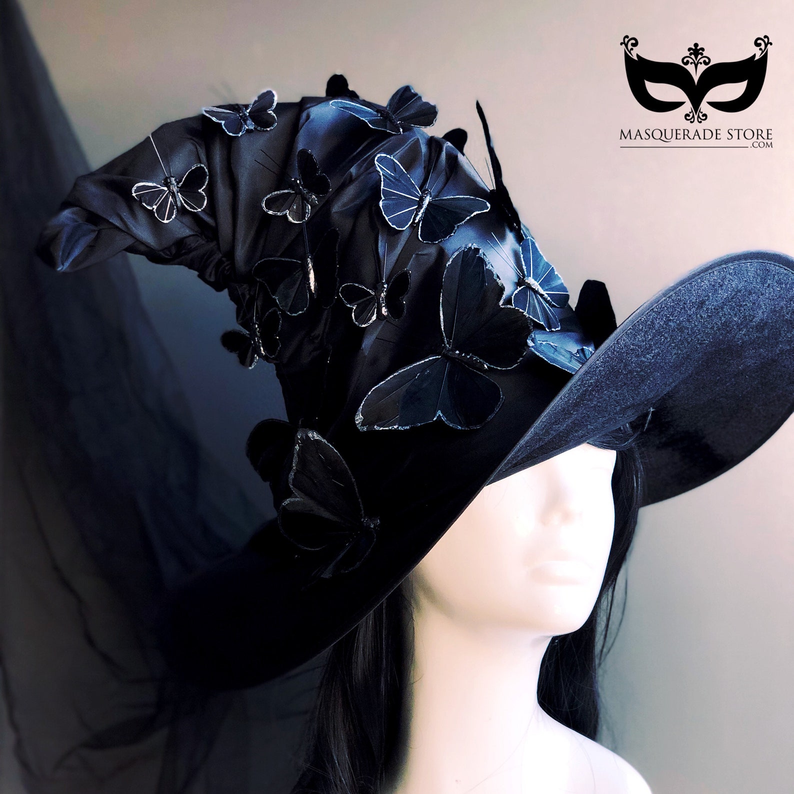 Black Witch Hat With Veil, Wizard Hat, Butterfly Witches Hat, Salem ...