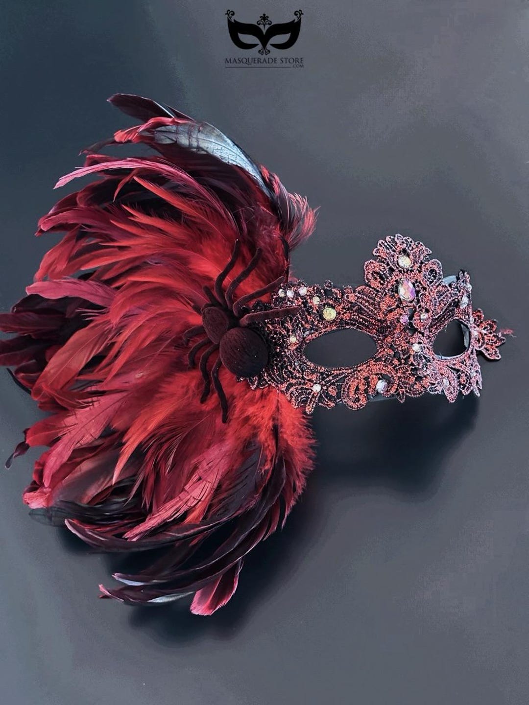 Red Feather Spider Masquerade Mask, Crimson Arachnid Spooky Mask ...
