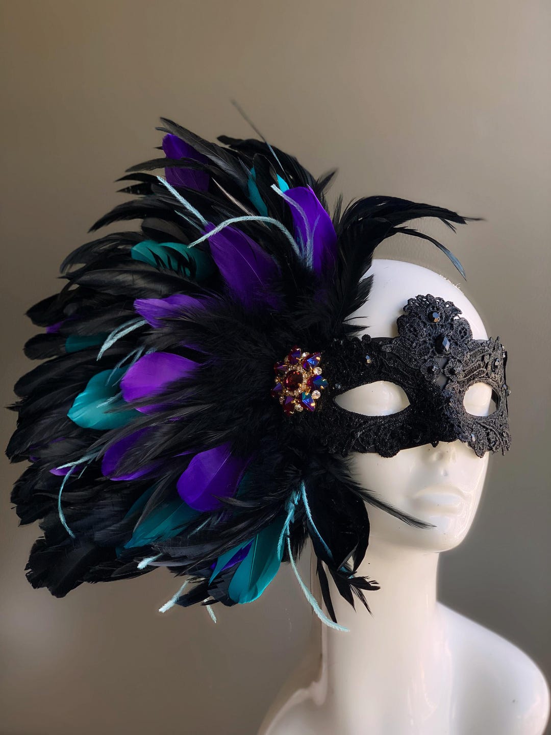 Black Feather Masquerade Mask Purple Teal Colors, Womens Masquerade ...