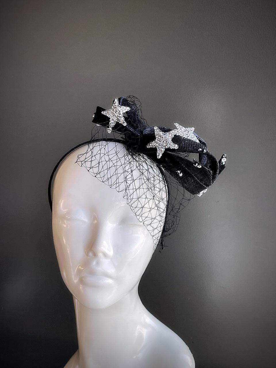 Star Headband Fishnet Veil Headband Black Fascinator Hat Tea Party Hat ...