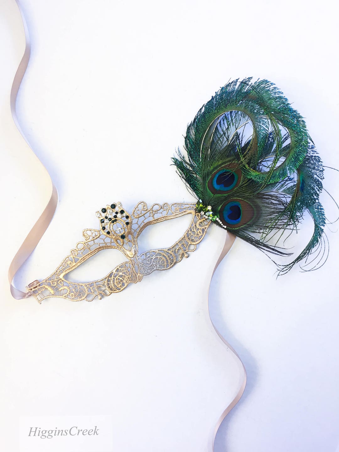 Gold Masquerade Mask With Feathers With Jewels Emerald Green and ...