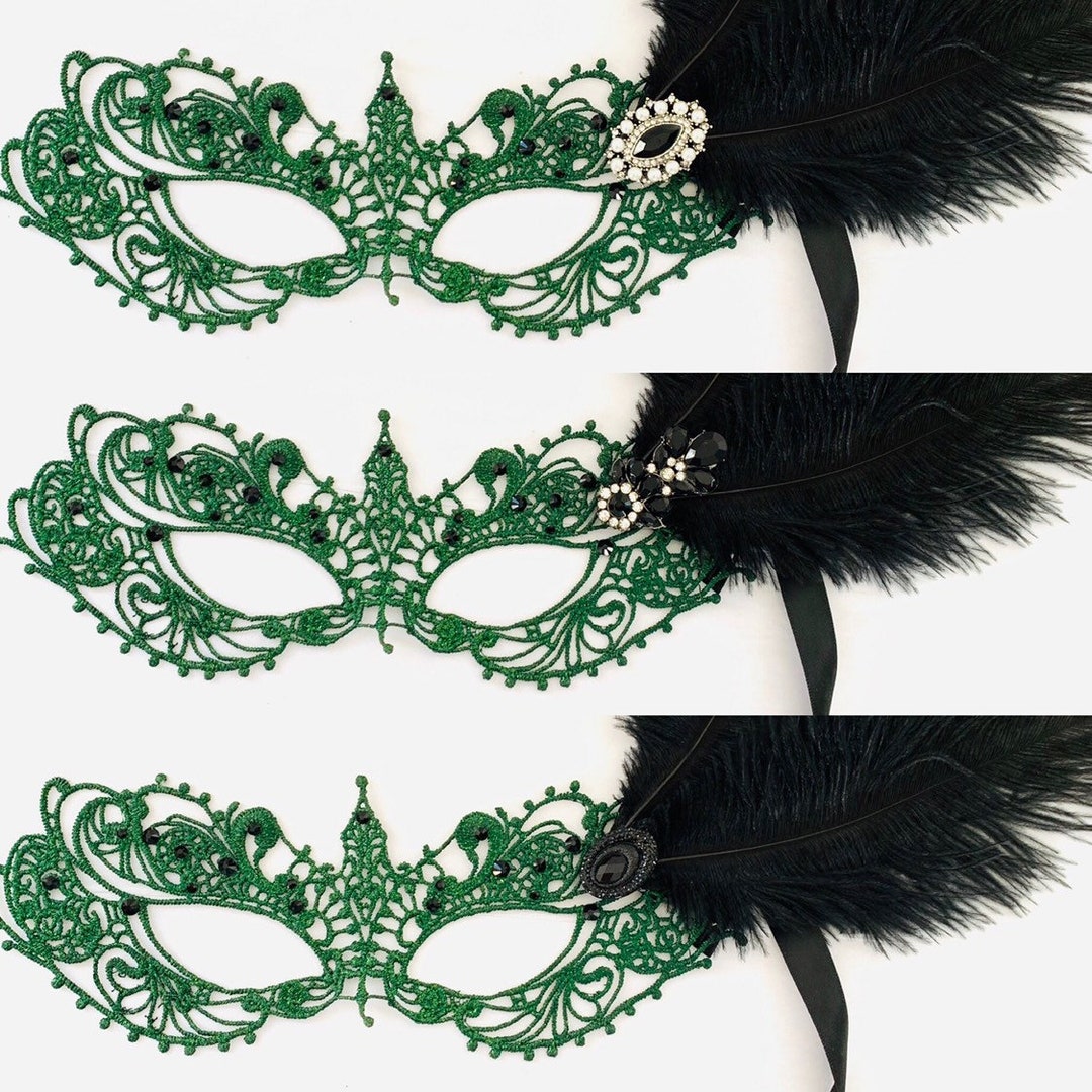 Emerald Green Rhinestones Womens Masquerade Mask Feather Mask Women ...