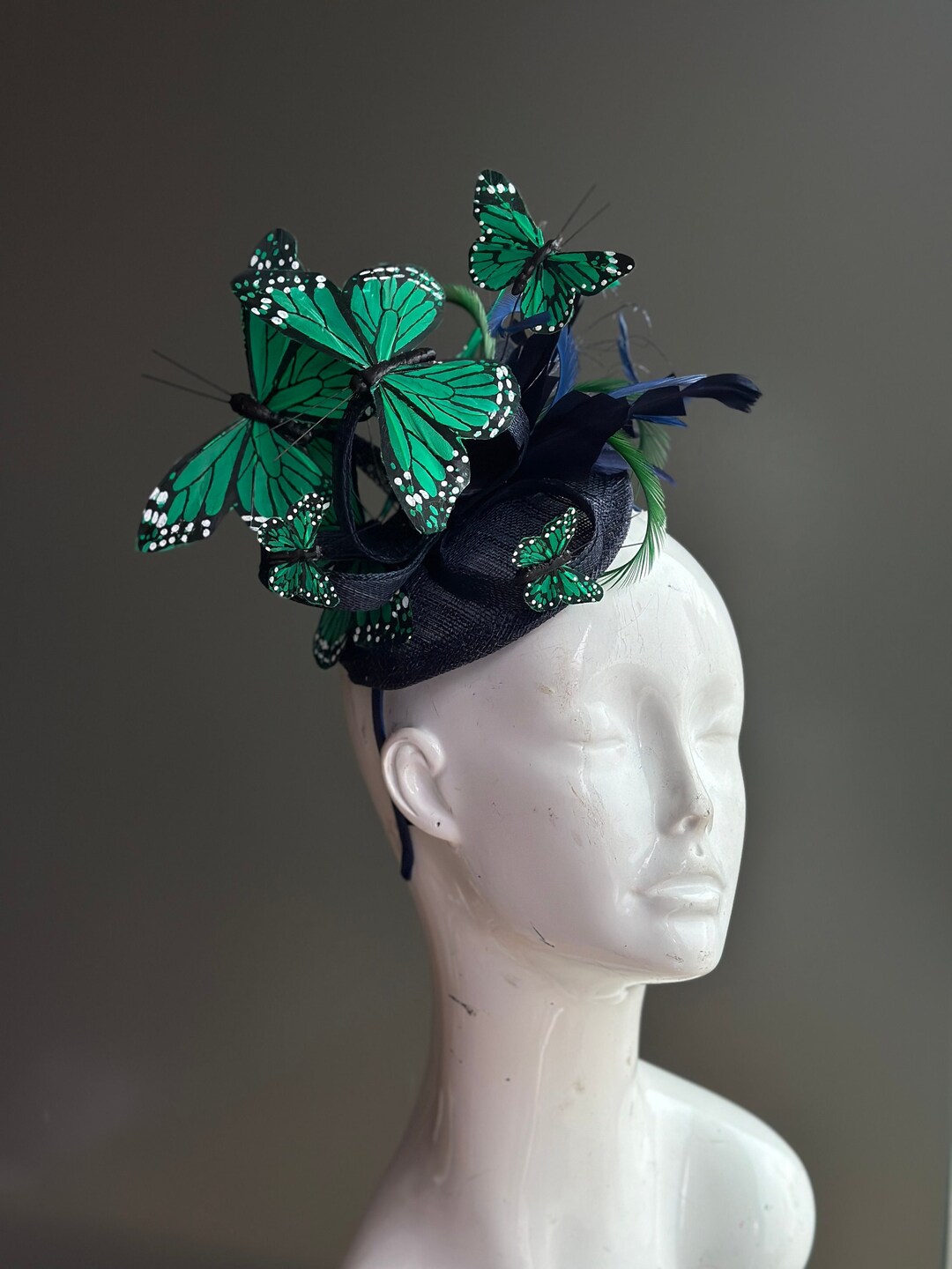 Emerald Green Fascinator Hat Monarch Butterfly Headpiece Derby Hat Tea ...