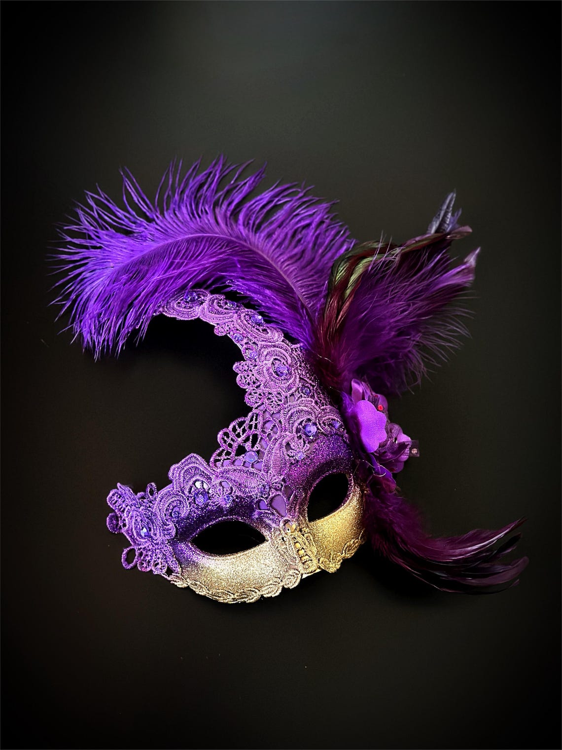 Purple Feather Masquerade Mask Womens Feather Mask Gold Mardi Gras Mask ...