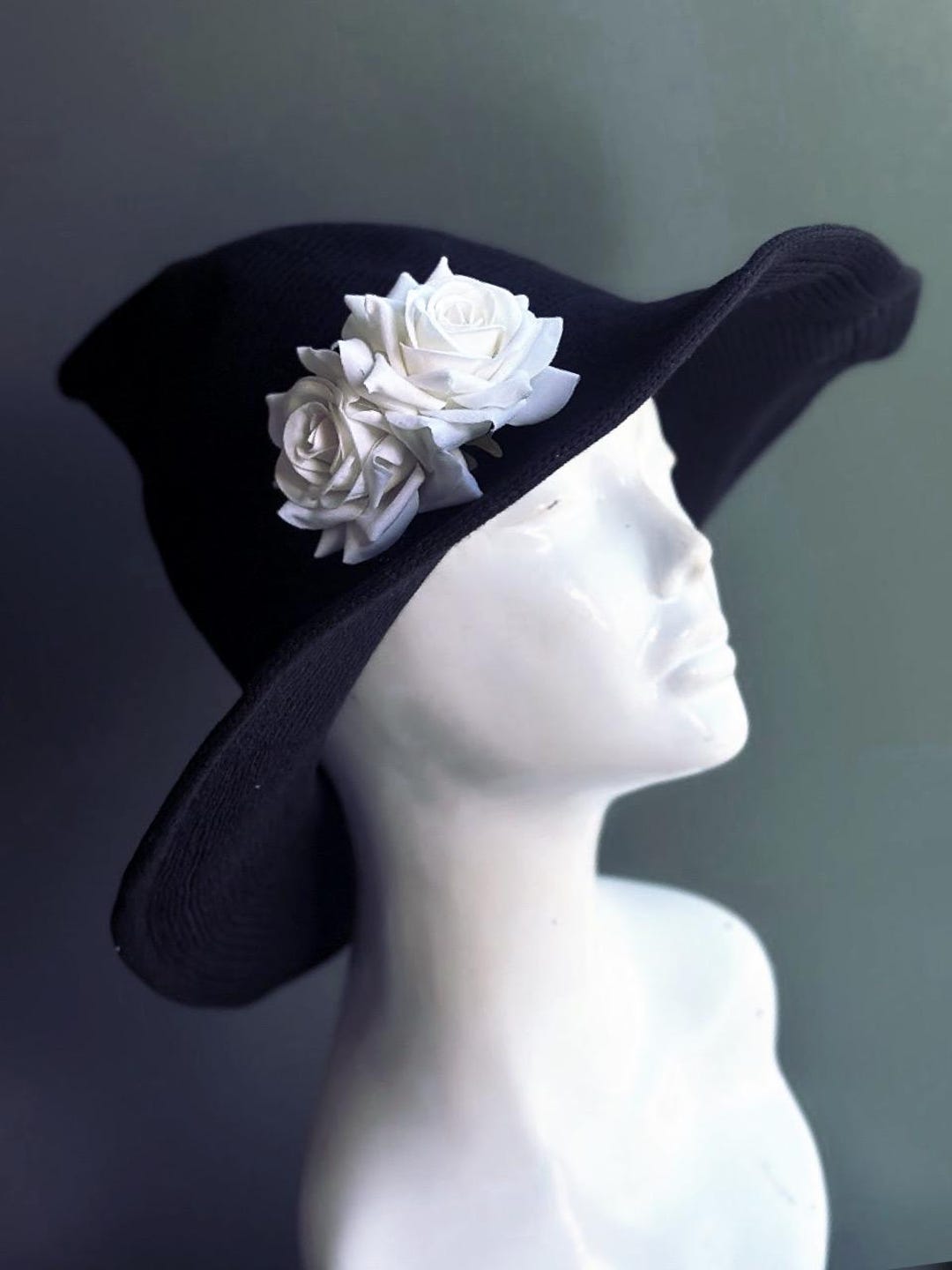 Halloween Costume - Black Witch Hat White Rose - Woolblend Witch Hat ...