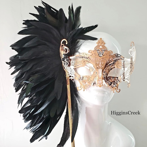Women Masquerade Mask Gold Feather Mask on Stick Feather - Etsy