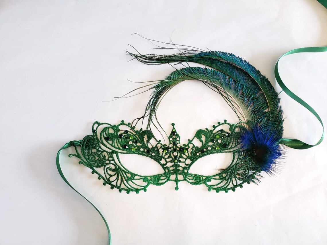 Emerald Green Masquerade Lace Mask Mardi Gras Women Peacock Feathers ...
