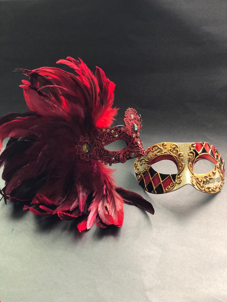 Red Gold Black Harlequin Couples Masquerade Mask Set With Feathers - Etsy