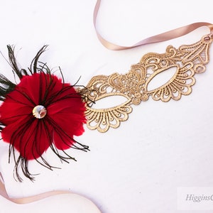 Red Masquerade Mask Women Lace Mask Gold Mask With Red Feathers - Etsy