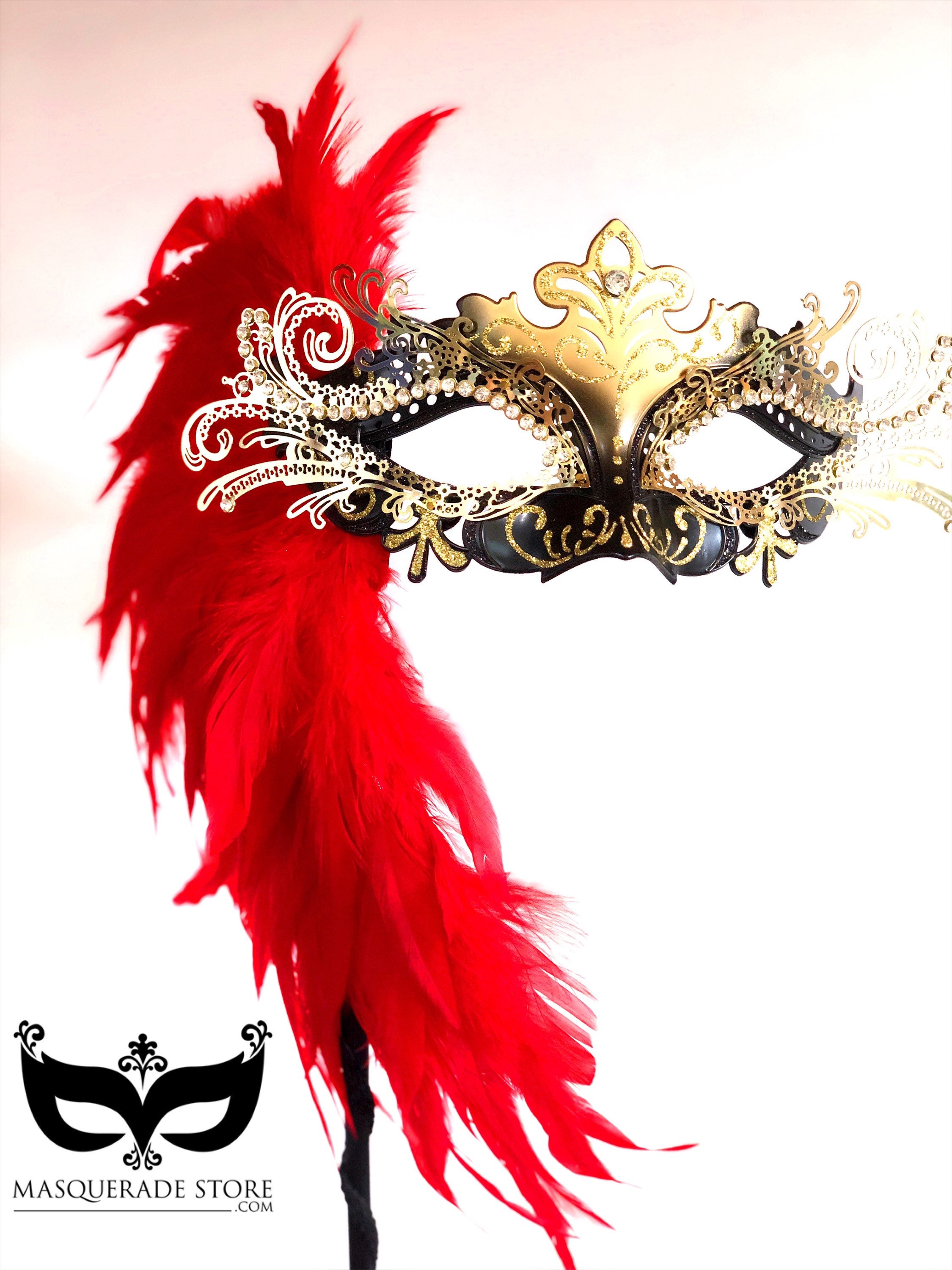 Black And Red Masquerade Mask With Feathers