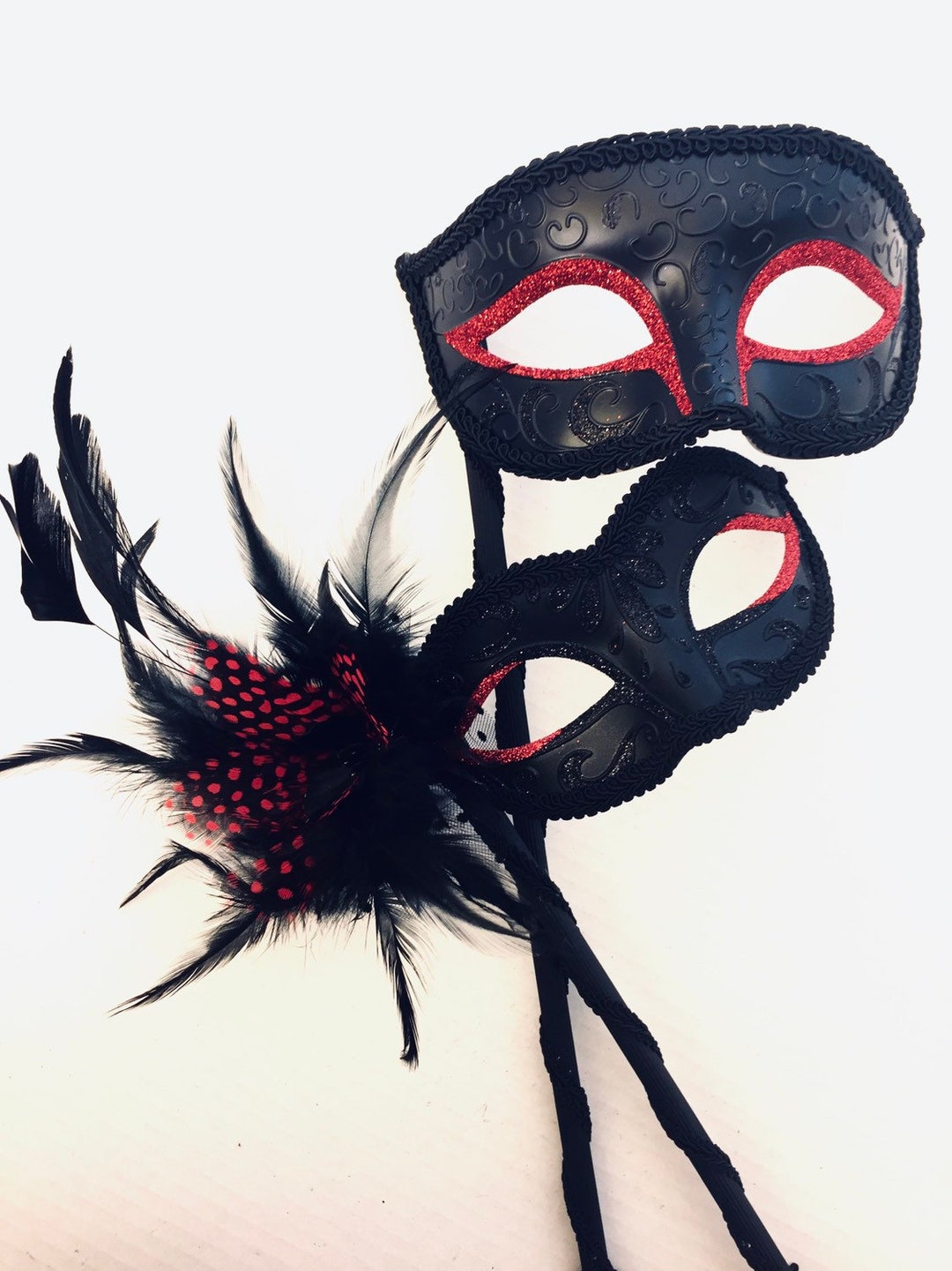 Black/red Couples Masks on Stick, His and Hers Stick Masks, Handheld ...