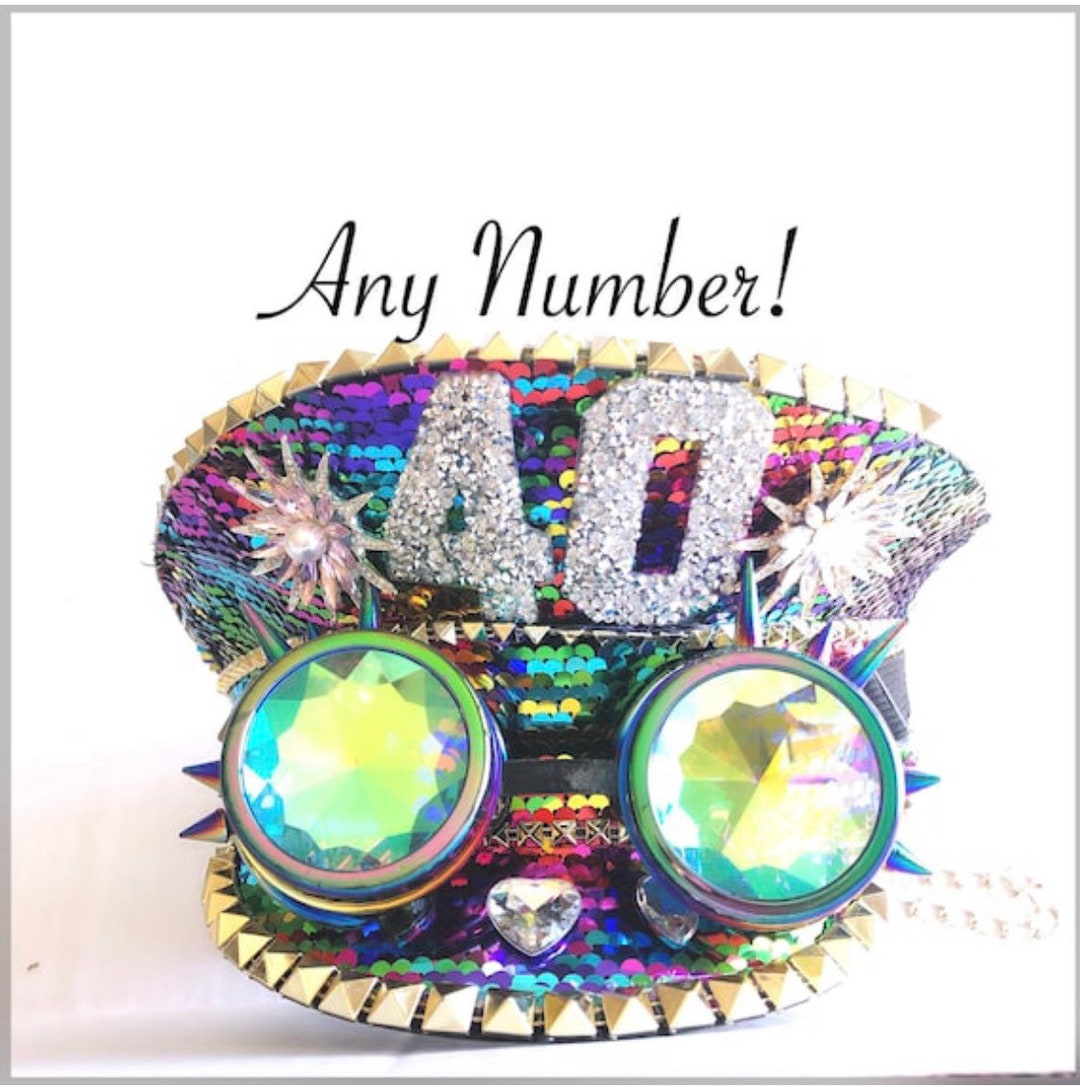 Gold Rave Captain Hat With Steampunk Goggles, Multicolor Sequin Head ...