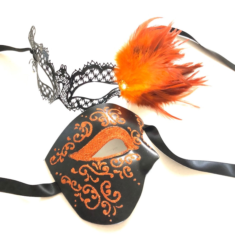 Orange Feathered Lace & Glittered Phantom Couples Masquerade Mask - Etsy