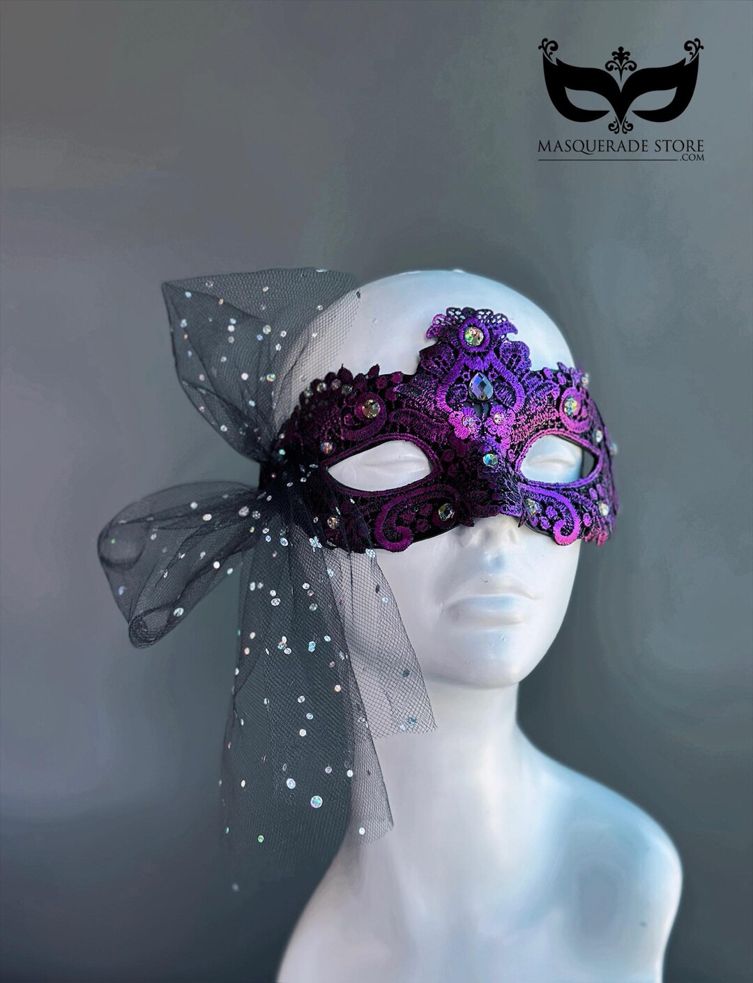 Purple Mask Black Tulle Bow With Rhinestones Prom Party Mask - Etsy