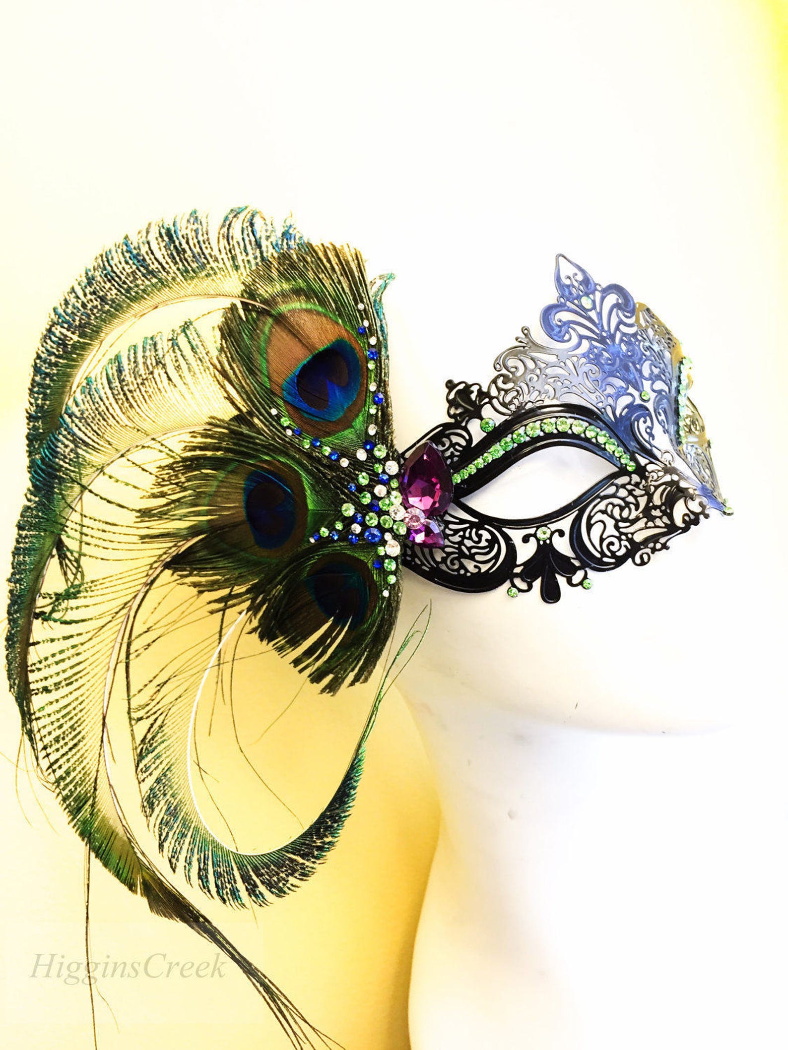 Peridot Green Theme Masquerade Mask With Peacock Feathers, Womens ...