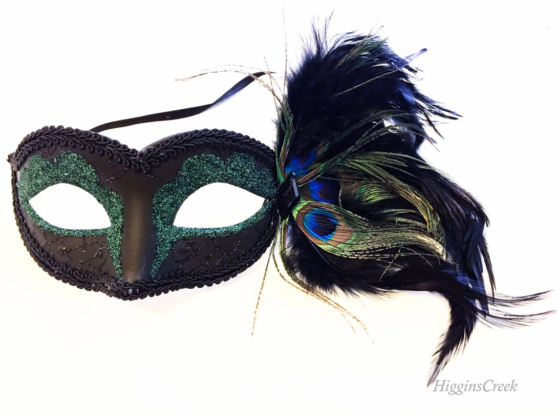 Emerald Green Masquerade Feather Mask, Masquerade Dark Green Theme Prom ...