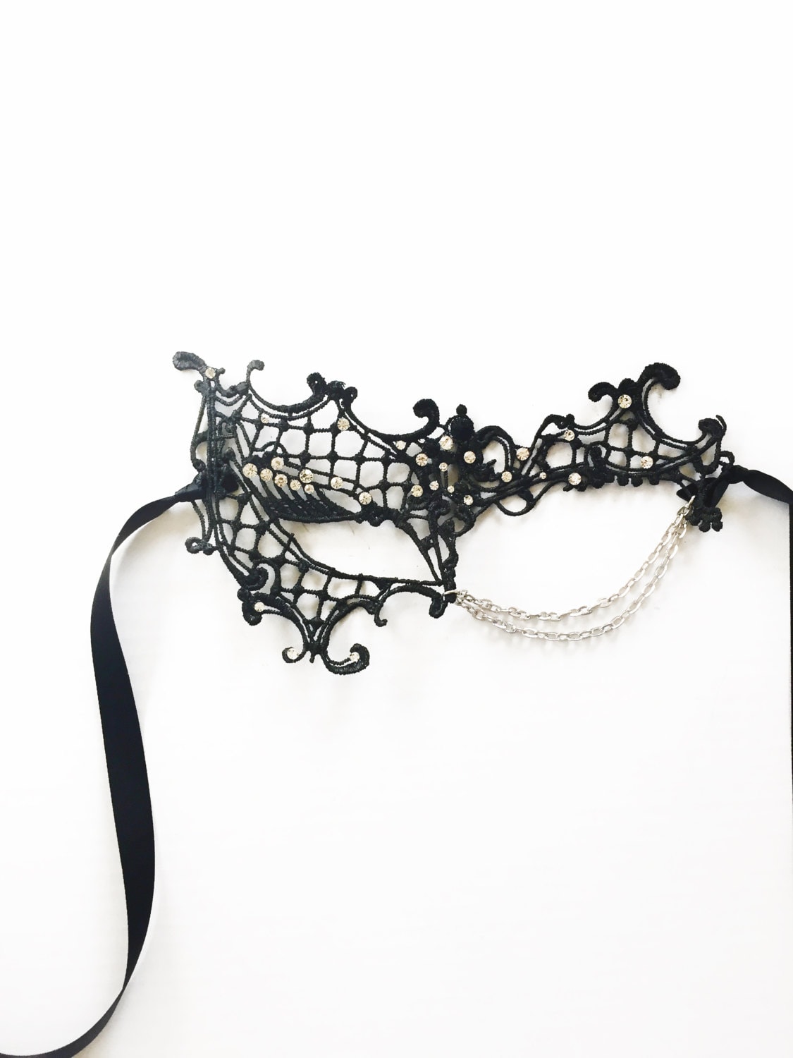 Half Face Masquerade Mask With Silver Chains and Rhinestones for Women ...