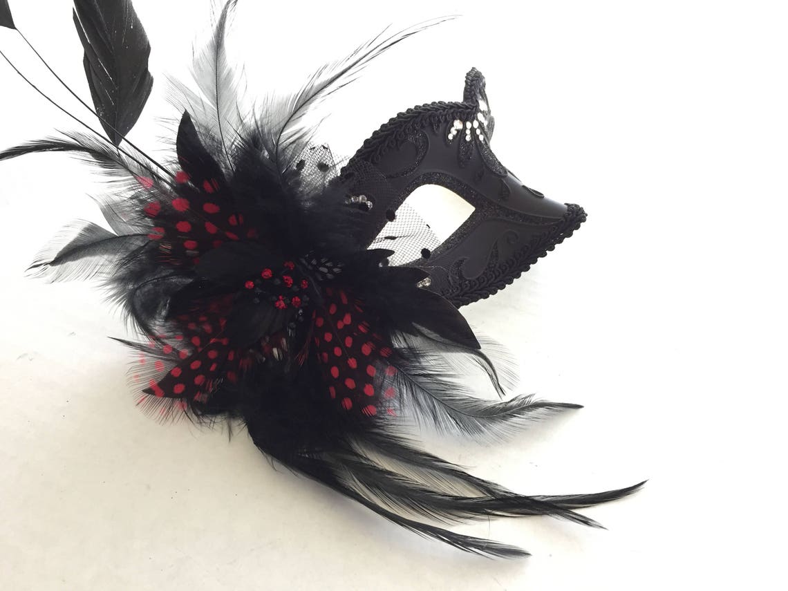 Red Polka Dot Feather Masquerade Mask, Venetian Feather Masks, Red Prom ...
