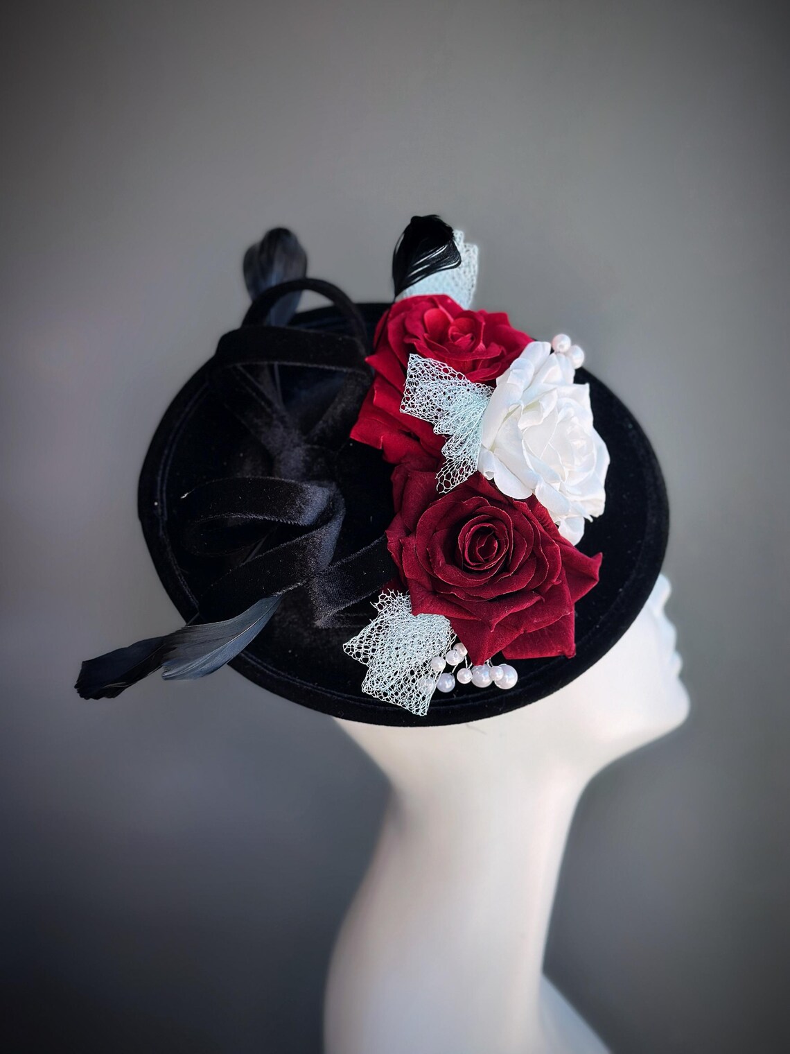 Vintage Fascinator Hat Red Rose Headpiece Black Tea Party Hat Wedding ...
