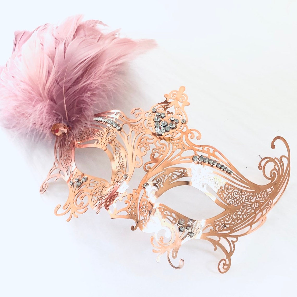 Rose Gold Masquerade Mask Women, Rose Gold Feather Mask, Venetian Rose ...