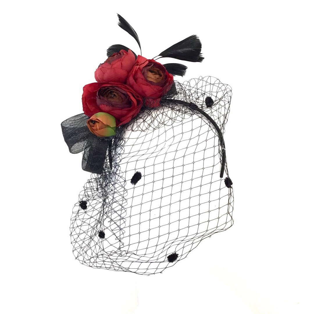 Black Fascinator With Georgous Red Roses, Fishnet Veil, and Feathers - Etsy